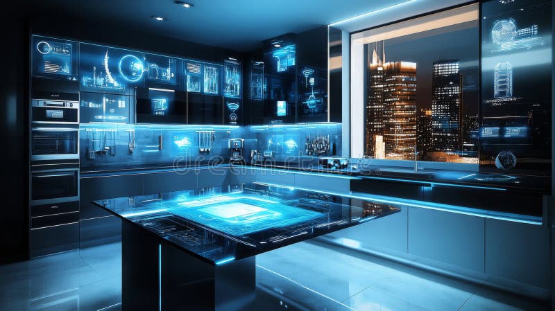 Futuristic Smart Kitchen with Holographic Interface at Night Stock ...
