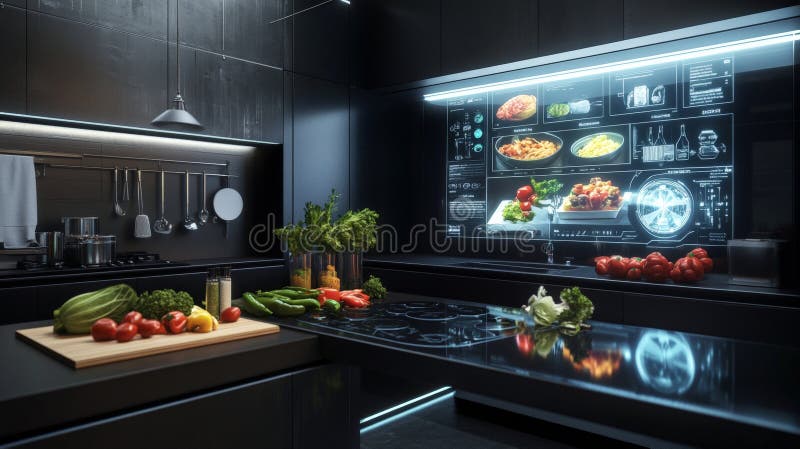 Futuristic Smart Kitchen with Interactive Holographic Recipe Display ...