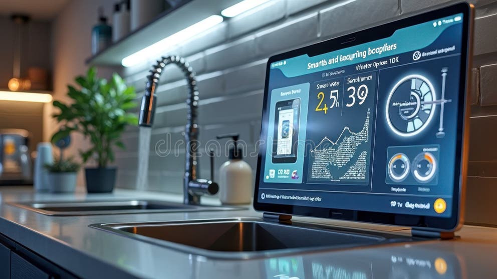 Futuristic Smart Kitchen Interface Displaying Weather and Energy Data ...