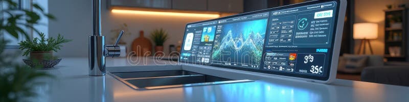 Futuristic Smart Kitchen Interface on Modern Countertop Display Stock ...