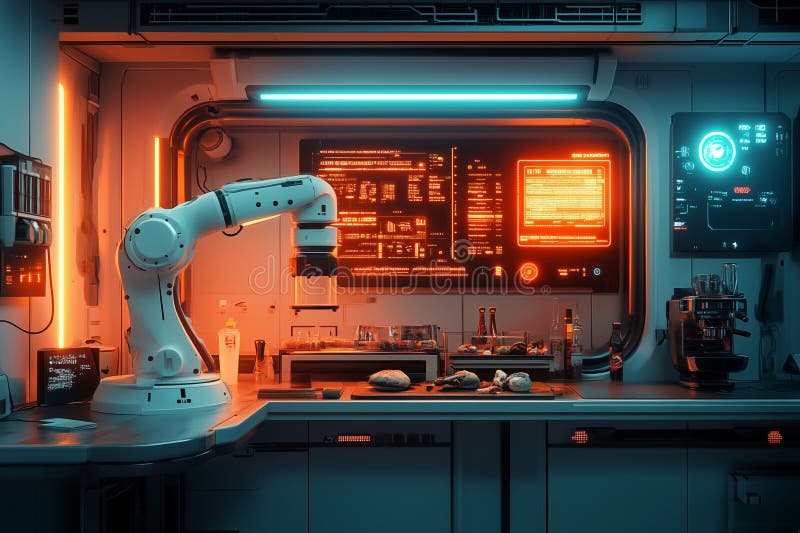 Futuristic Smart Kitchen Showcasing a Robotic Arm at Work Preparing ...