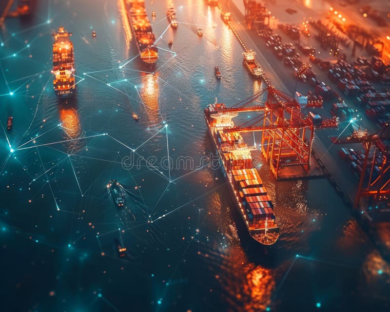 Futuristic Smart Logistics Hub with Global Ships and Cranes at High ...