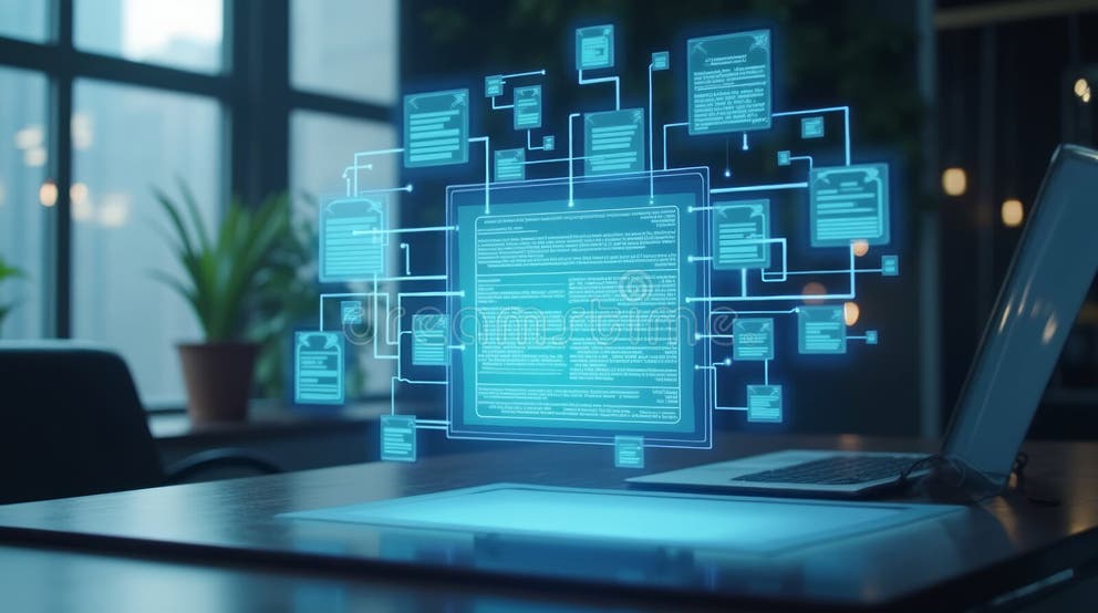 Futuristic Smart Office with Holographic Documents Floating in the Air ...