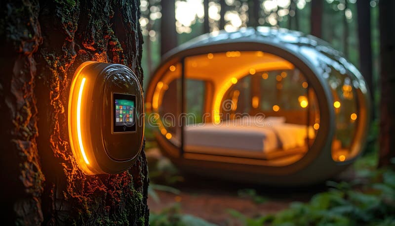 Futuristic Smart Pod with Glowing Interface in a Forest, Showcasing ...