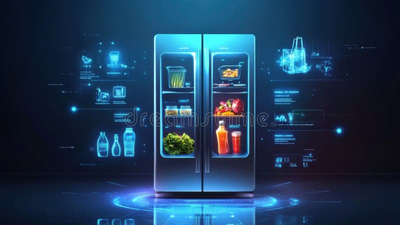 Futuristic Smart Refrigerator with Grocery Order Screen in a High-tech ...