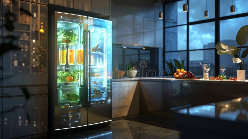 Futuristic Smart Refrigerator in a Modern Kitchen at Evening Stock ...