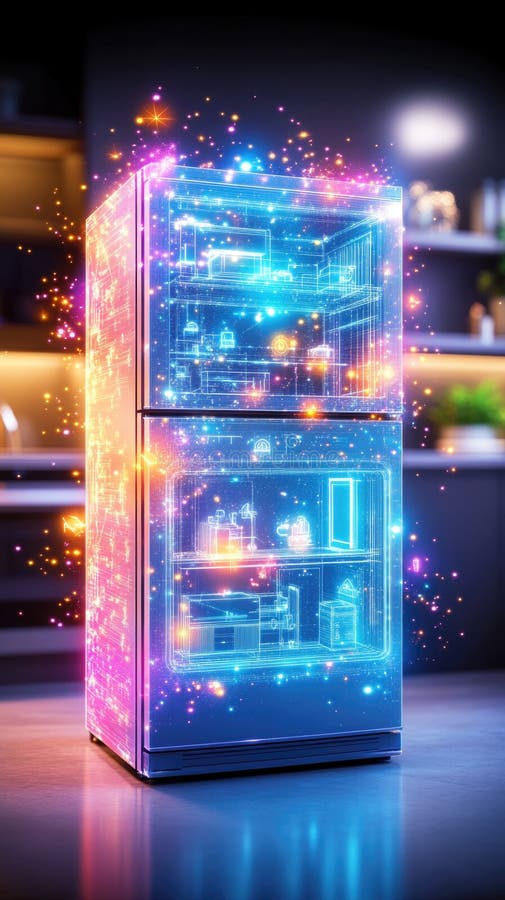 Futuristic Smart Refrigerator with Neon Holographic Display in Modern ...