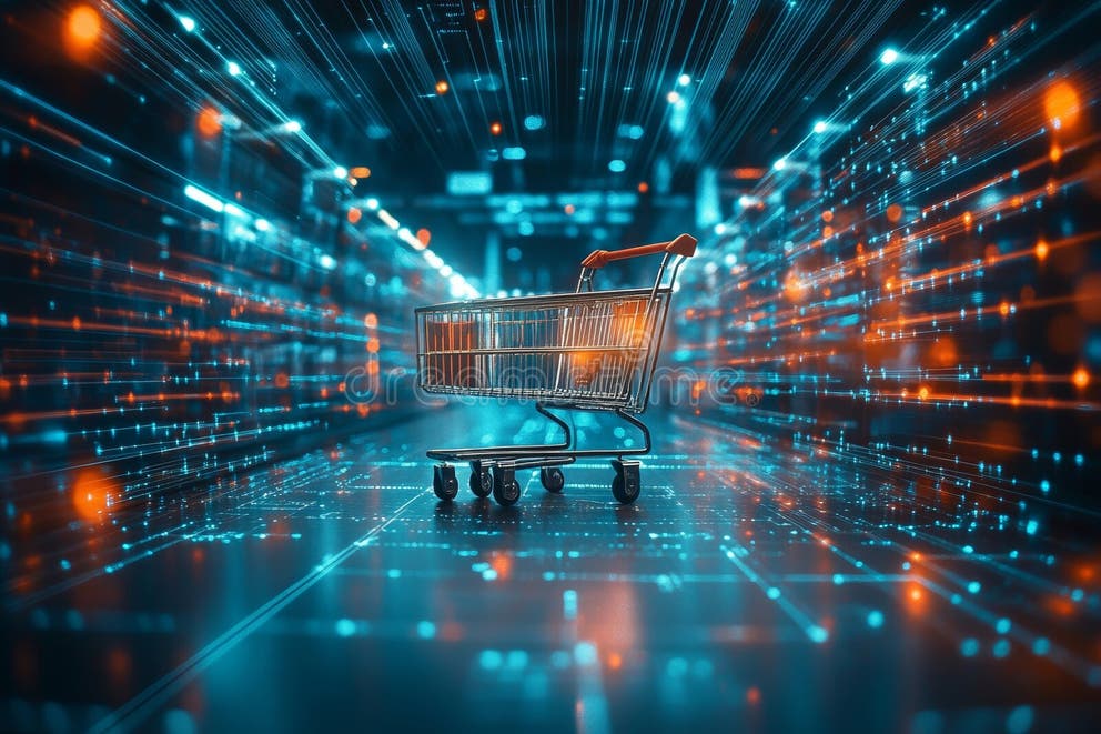 Futuristic Smart Retail Solutions Shopping Cart in a High Tech, Data ...