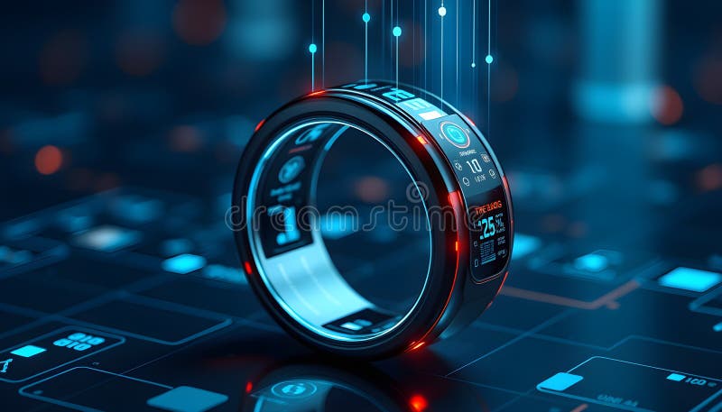 Futuristic Smart Ring with Illuminated Display on a Tech Background ...