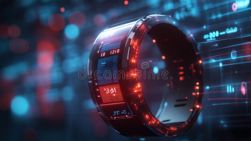 Futuristic Smart Ring with Red Digital Display and Abstract Background ...