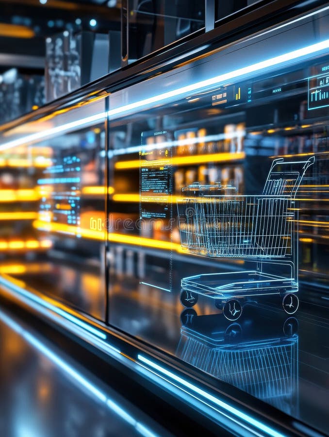 Futuristic Smart Shopping Cart Scans Products while Navigating a Modern ...
