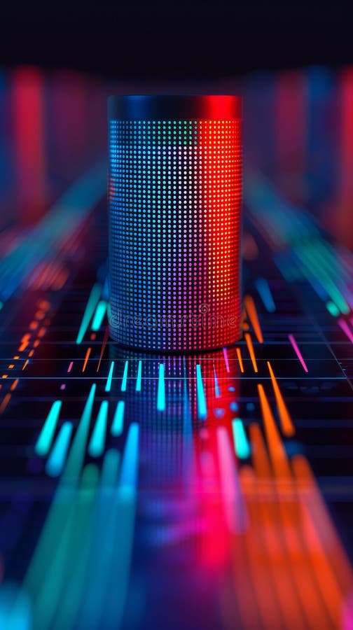 Futuristic Smart Speaker on Abstract Neon Circuit Board Background ...