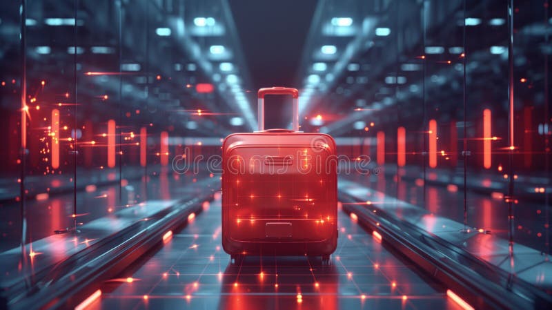 Futuristic Smart Suitcase with Red Lights on a High-tech Conveyor Belt ...