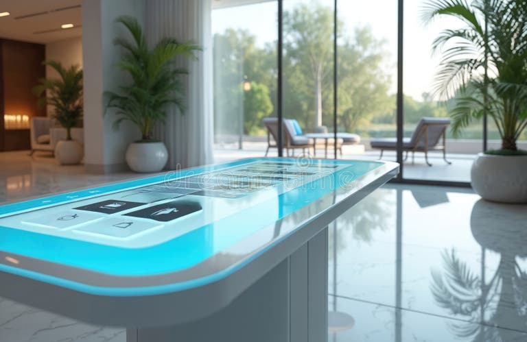 Futuristic Smart Table with Glowing Blue Interface in Modern Hotel ...