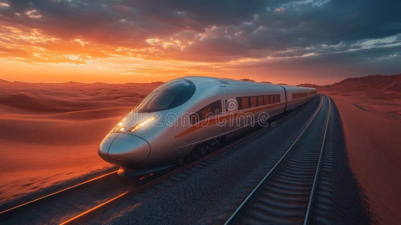 Innovative Smart Train Navigating through Desert Landscape at Sunset ...