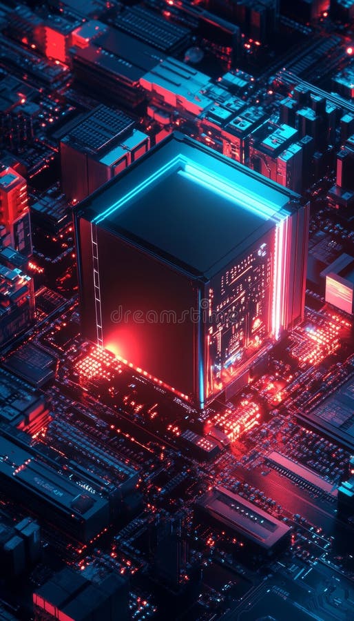 Futuristic Smart Tv Box in Escher Style on Circuit Board with Neon Red ...