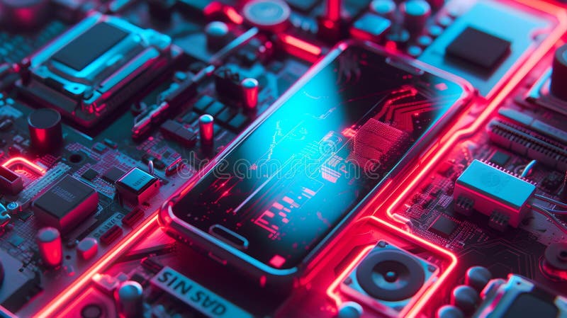 Futuristic Smartphone on a Circuit Board Illuminated by Neon Lights ...