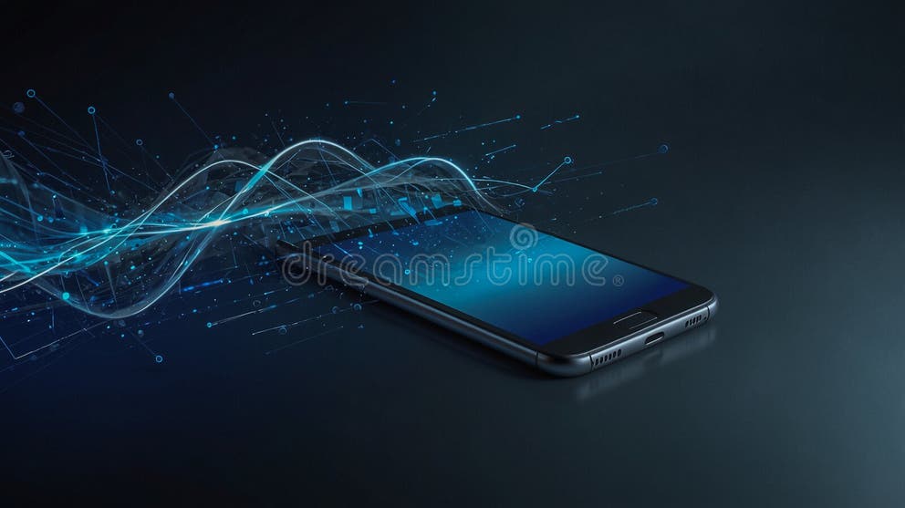 Futuristic Smartphone with Digital Blue Wave Graphics Stock ...