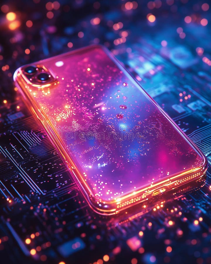 A Futuristic Smartphone Displayed on a Sleek Desk with Holographic ...