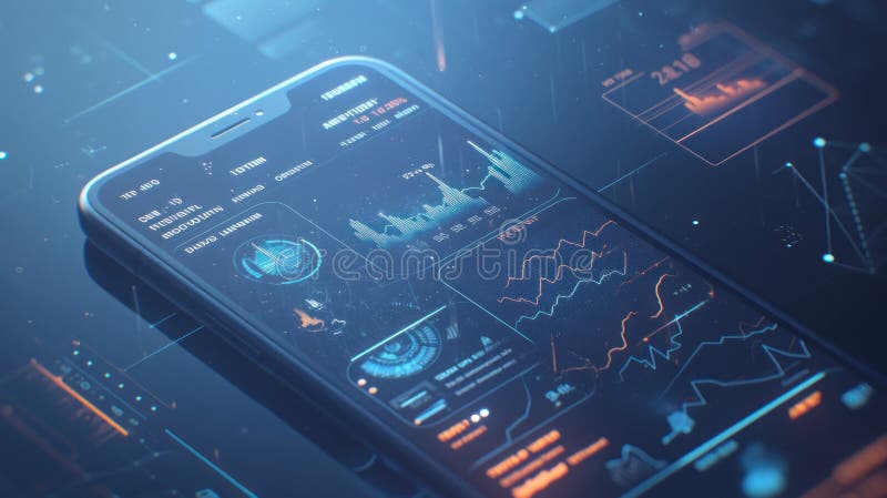 A Futuristic Smartphone Displaying Data Visualizations, Graphs, and ...