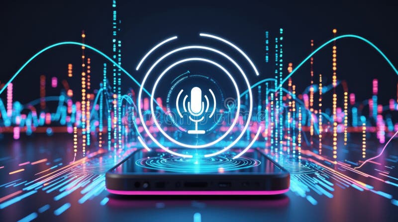 Futuristic Smartphone with Voice Recognition Icon and Neon Cityscape ...