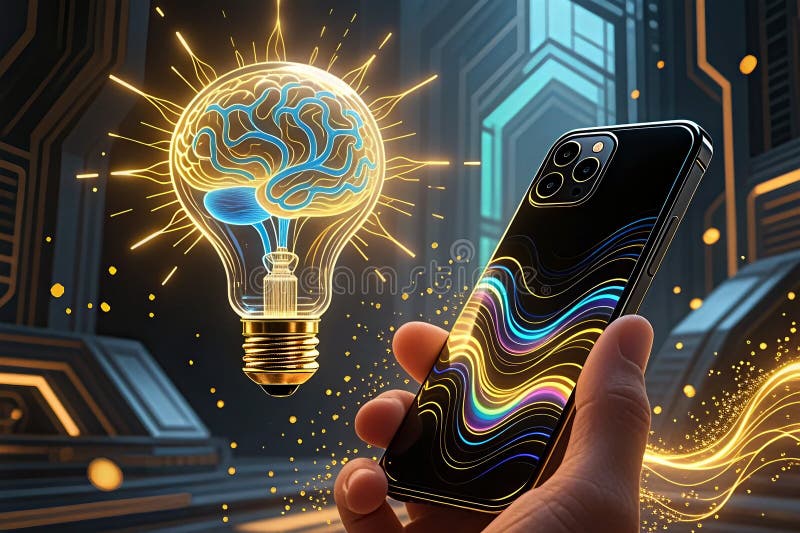 Futuristic Smartphone with Glowing Brain Light Bulb, Innovation and ...