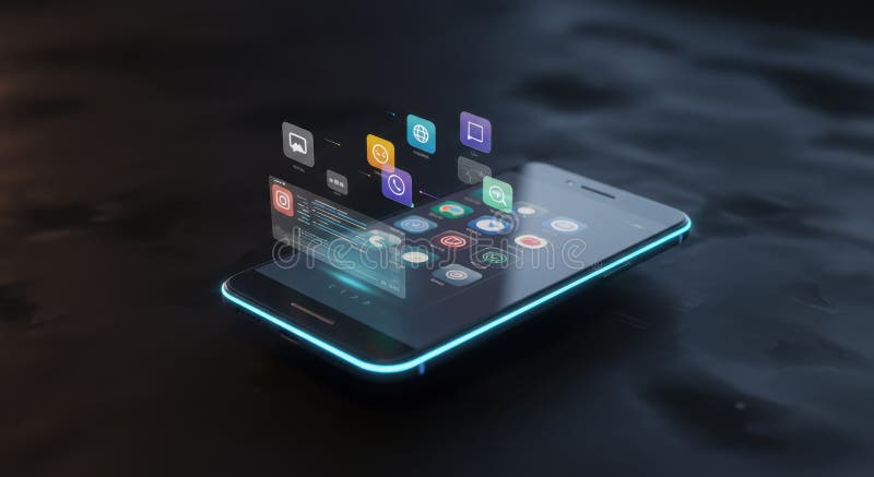 Futuristic Smartphone with Holographic Apps Display on Black Surface ...