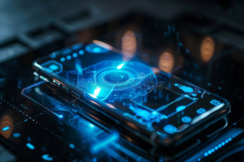 Futuristic Smartphone with Holographic Interface and Digital HUD Stock ...