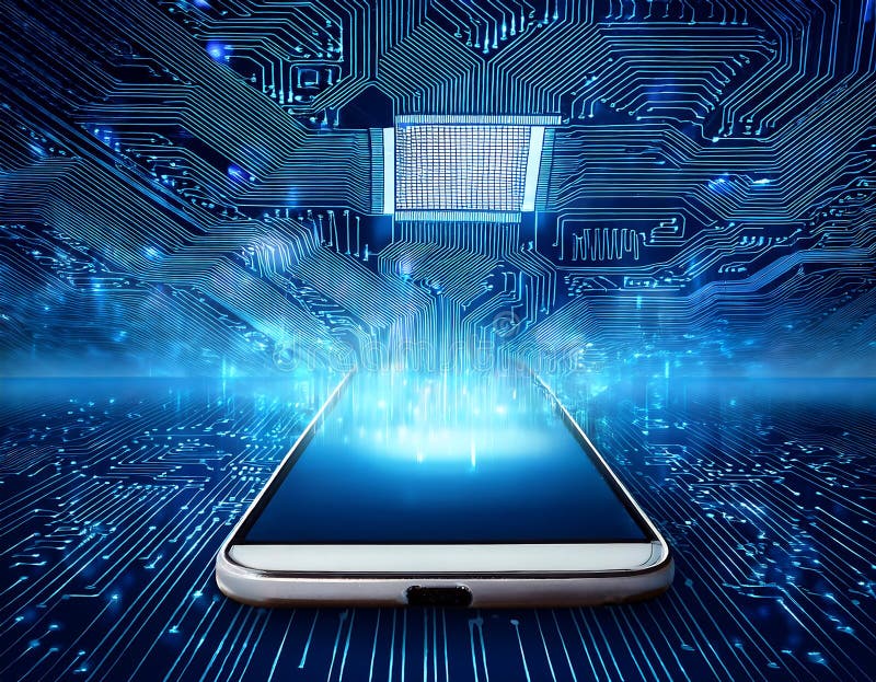 Futuristic Smartphone Hovering Above a Complex Circuit Board Stock ...