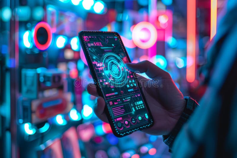 Futuristic Smartphone Interface in Neon-Lit Urban Setting Stock ...