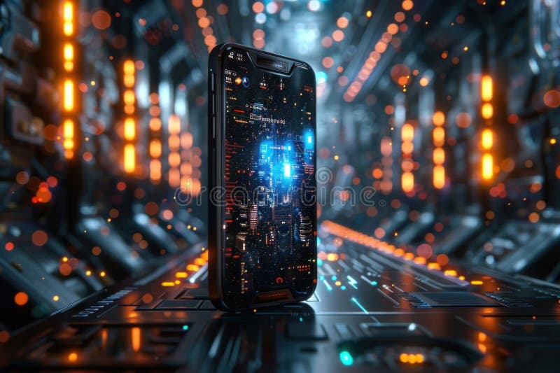 Futuristic Smartphone Lies on a High-tech Surface with a Bright Light ...