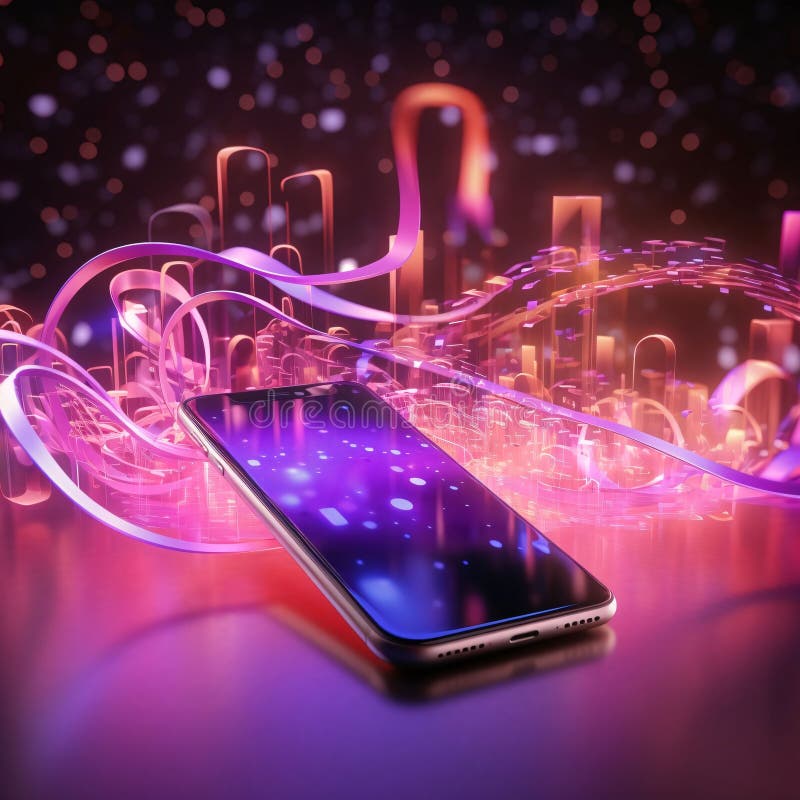 Futuristic Smartphone with Neon Light Curves and Data Flow Stock ...