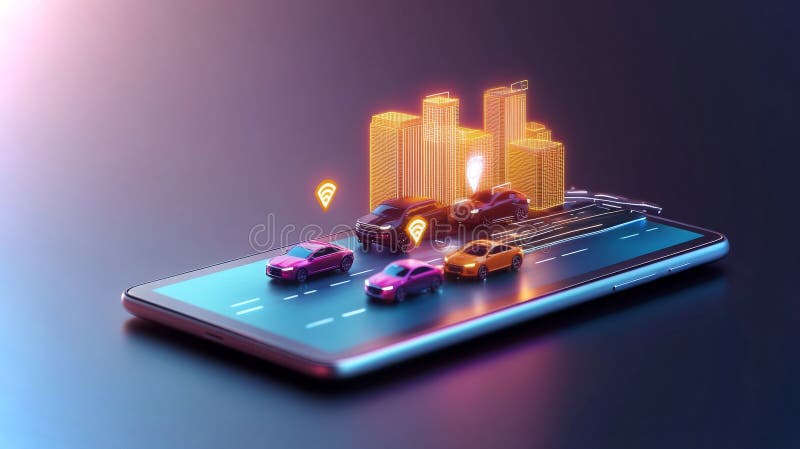 Futuristic Smartphone Showing a Neon Cityscape and AI Cars in a Mini ...