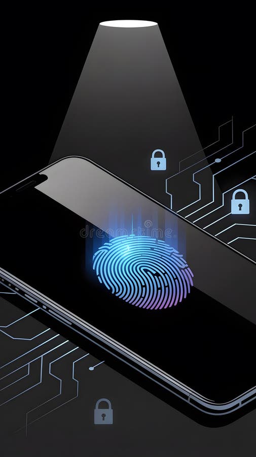 Biometric Security Unlock with Glowing Fingerprint on Futuristic ...