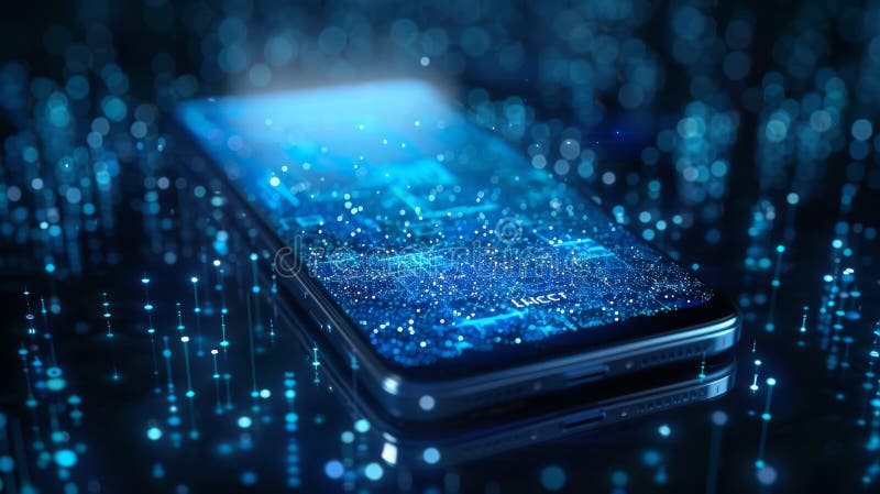 Futuristic Smartphone with Vibrant Blue Digital Effects on a Dark ...