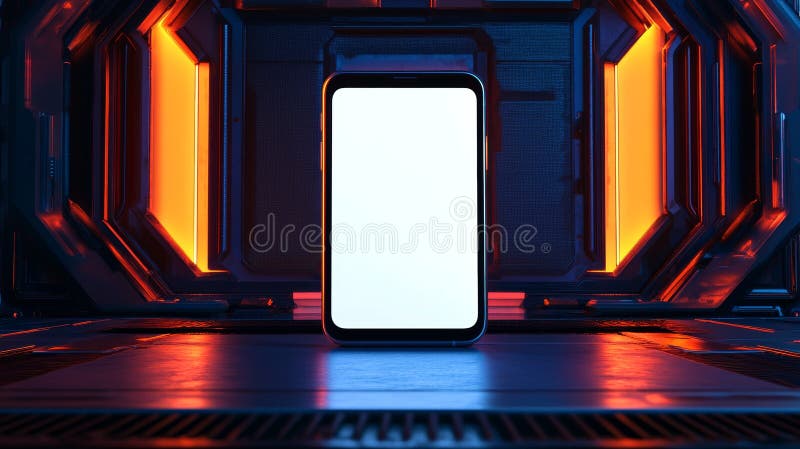 Futuristic Smartphone with White Screen Against Dark Blue and Orange ...