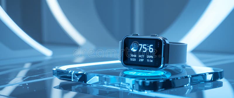 Futuristic Smartwatch Display on Reflective Blue Surface Stock ...