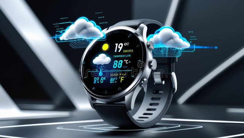 Futuristic Smartwatch Displaying Real-time Weather with Cloud Data ...