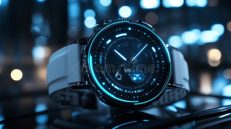 Futuristic Smartwatch with Glowing Blue Interface Stock Illustration ...