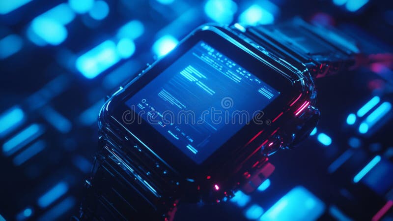 Futuristic Smartwatch with Glowing Blue and Red Interface Stock ...