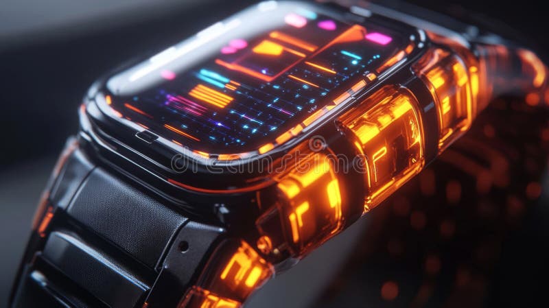 Futuristic Smartwatch with Glowing Orange Interface Stock Illustration ...