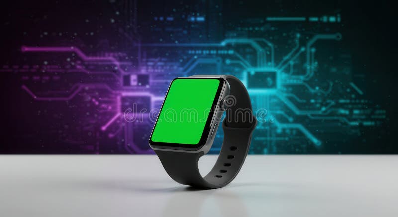 Futuristic Smartwatch with Green Screen on a Digital Circuit Background ...