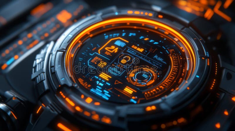 Futuristic Smartwatch Interface with Orange and Blue Digital Display ...