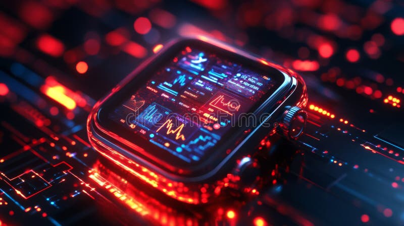 Futuristic Smartwatch Interface with Red and Blue Neon Lights on ...