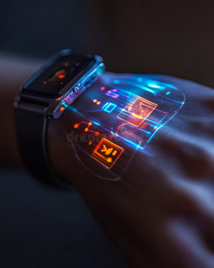 Futuristic Smartwatch Projecting Holographic Interface on a Hand during ...
