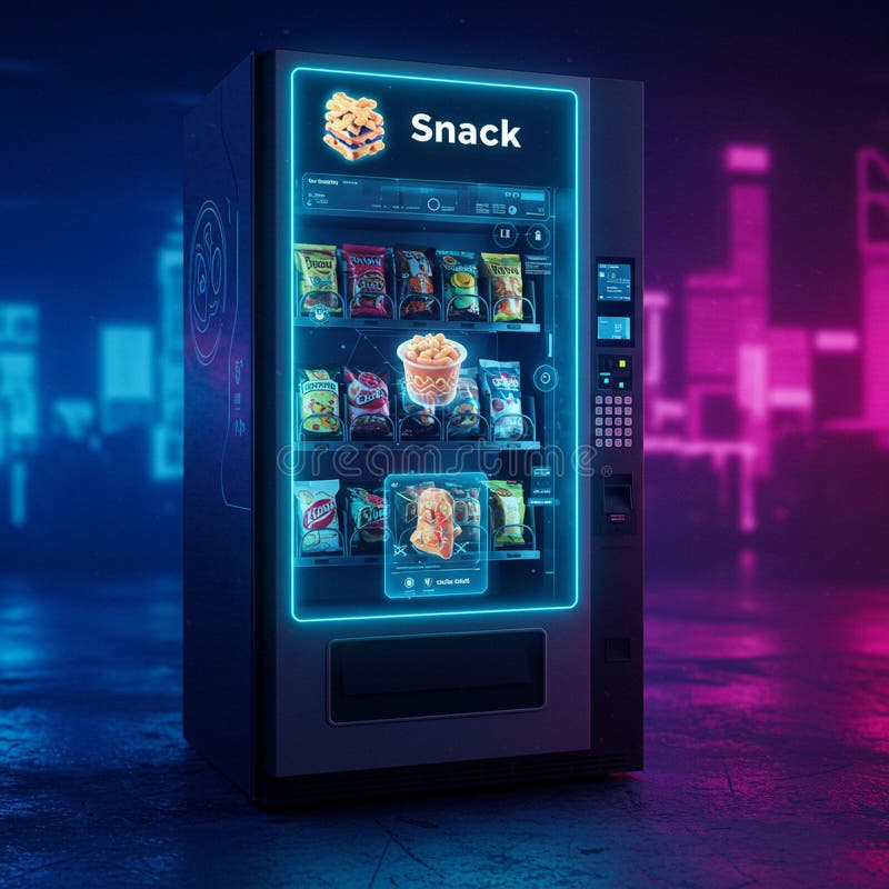 Futuristic Snack Vending Machine in a Neon-lit Environment. the Machine ...