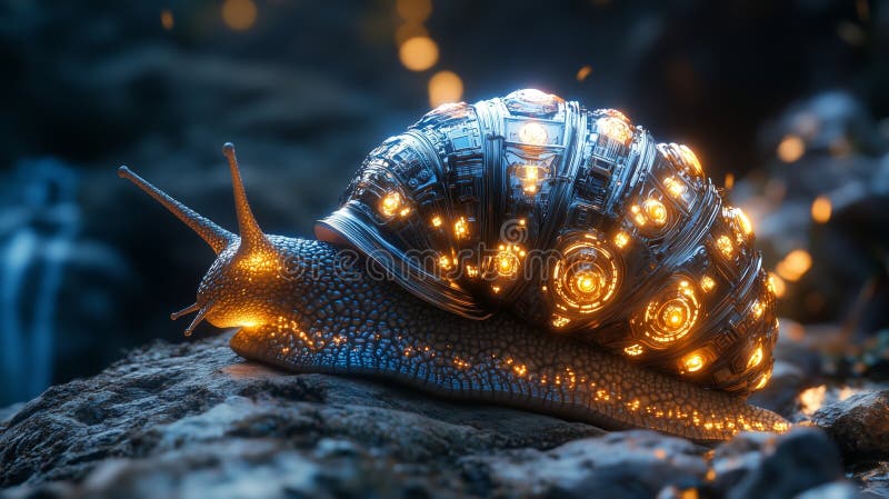 Futuristic Snail with Illuminated Mechanical Shell at Night Stock Photo ...