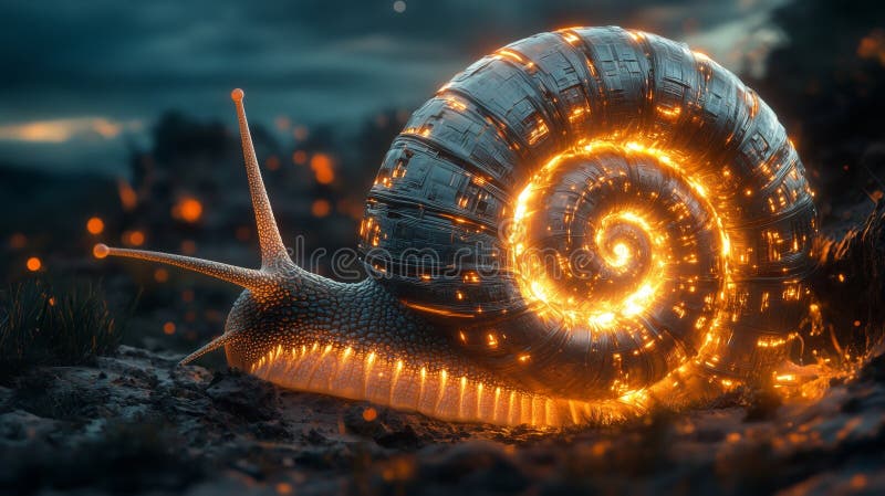 Futuristic Snail with Illuminated Mechanical Shell at Night Stock Photo ...