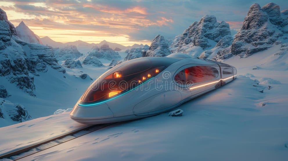 Futuristic Snow Train in Alpine Landscape at Sunset - Generative AI ...