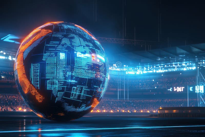 Futuristic Soccer Ball Displaying Data in a Stadium at Night Stock ...